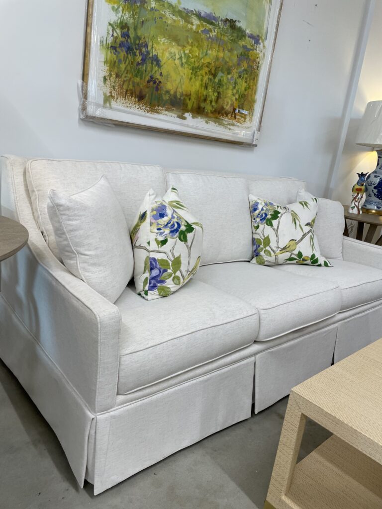 Skirted performance fabric sofa in crypton nomad snow – Poppy's of Macon