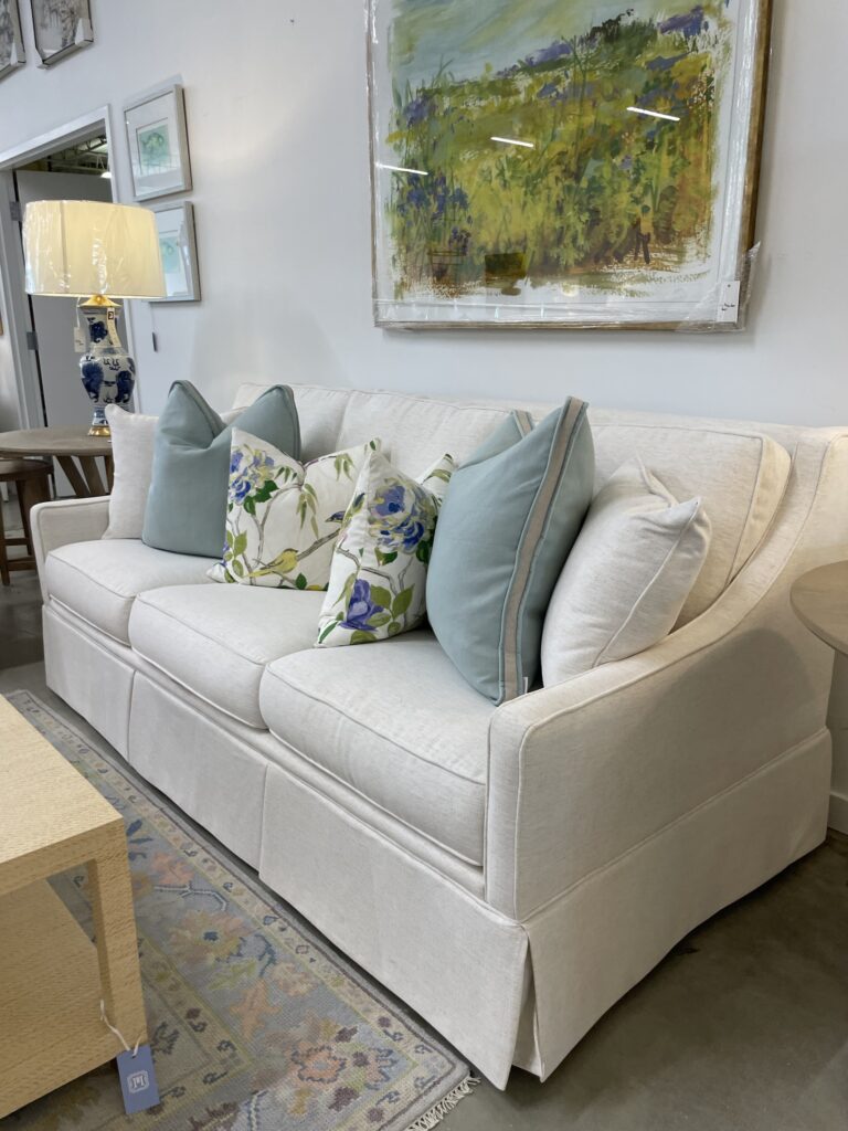Skirted performance fabric sofa in crypton nomad snow – Poppy's of Macon