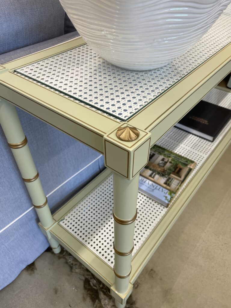 Light green and white cane console table – Poppy's of Macon
