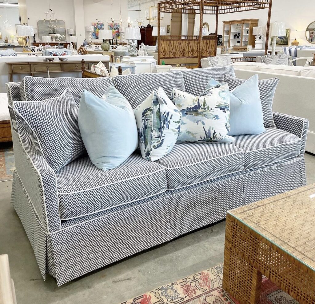 Poppy’s Signature Larson 3 Over 3 Skirted Sofa | Cobalt Blue Dot w ...