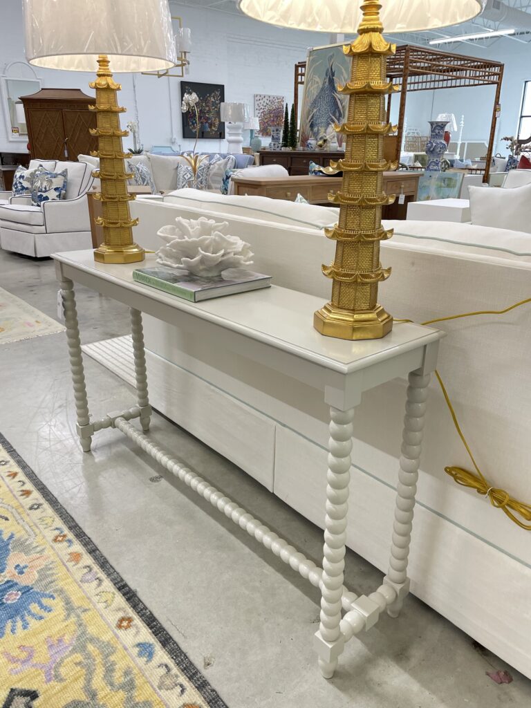 NEW wooden spindle leg console table lacquered in revere pewter – Poppy ...