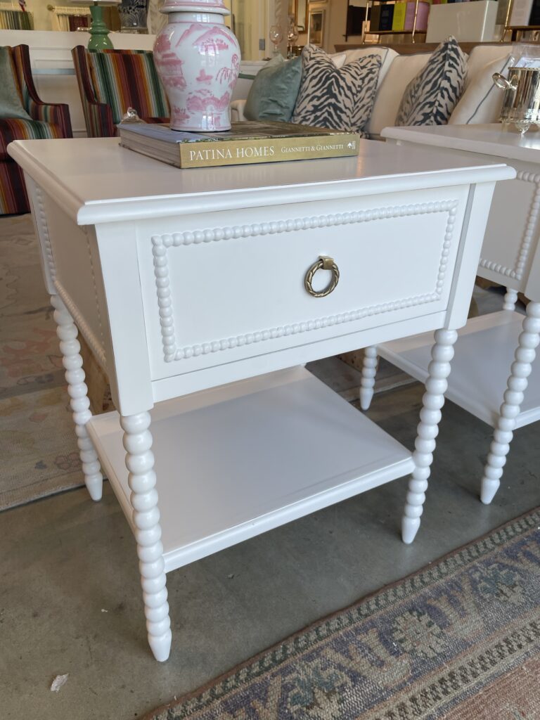 WHITE lightly distressed wooden spindle leg night stand SET with gold ...